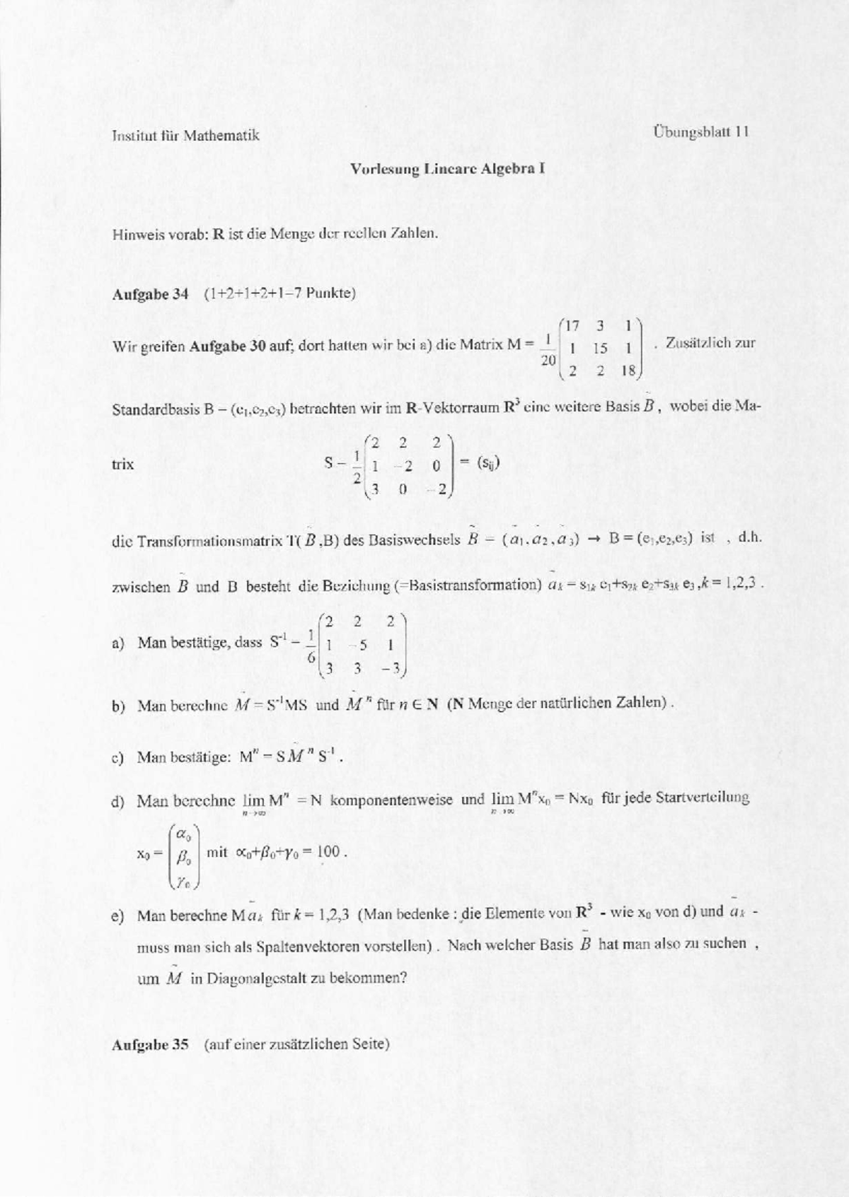 V Lineare Algebra I Übungsblatt 11 - Aufgaben und Lösungen - Studocu