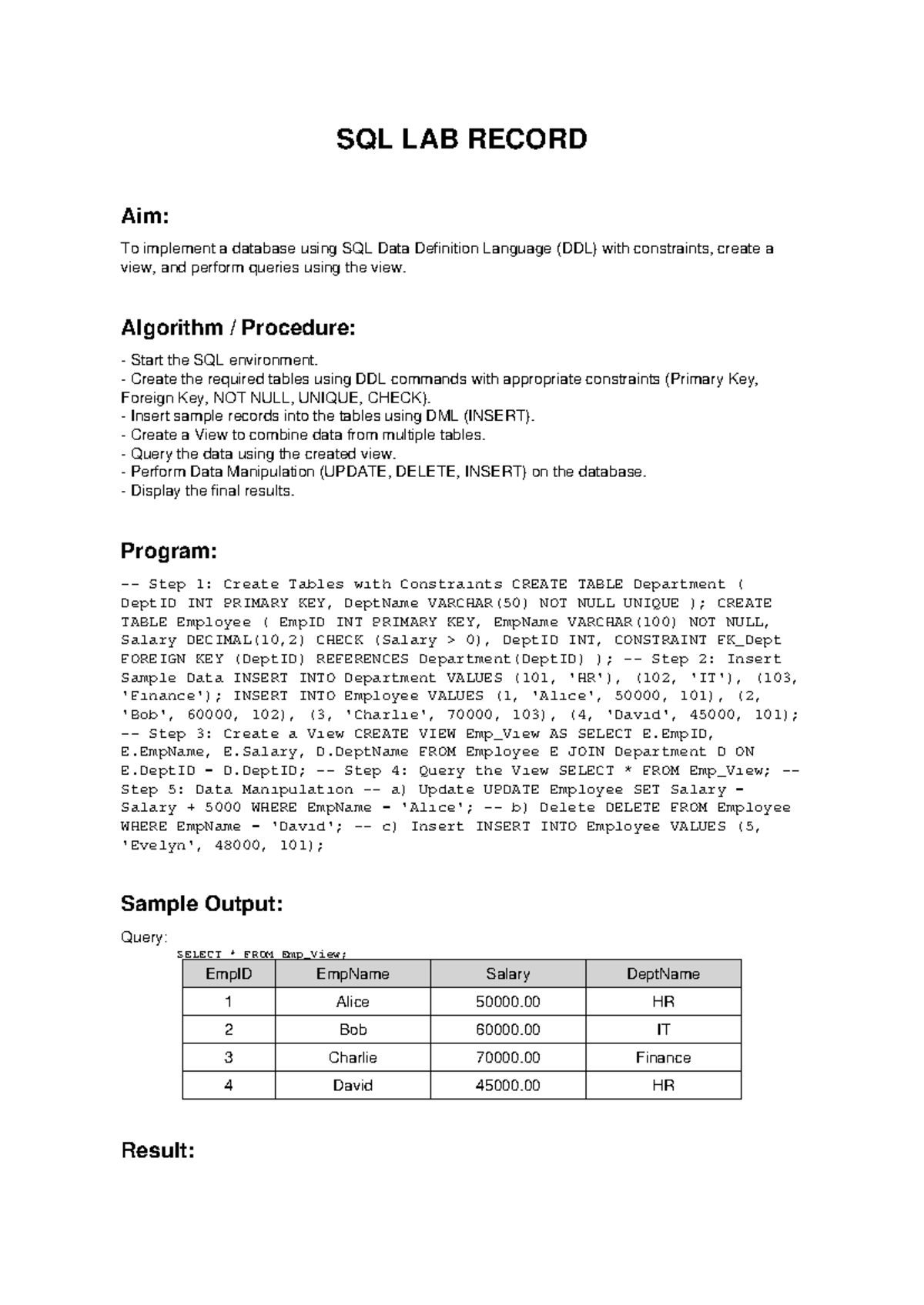 SQL LAB RECORD: Implementing DDL with Views and Queries - Studocu