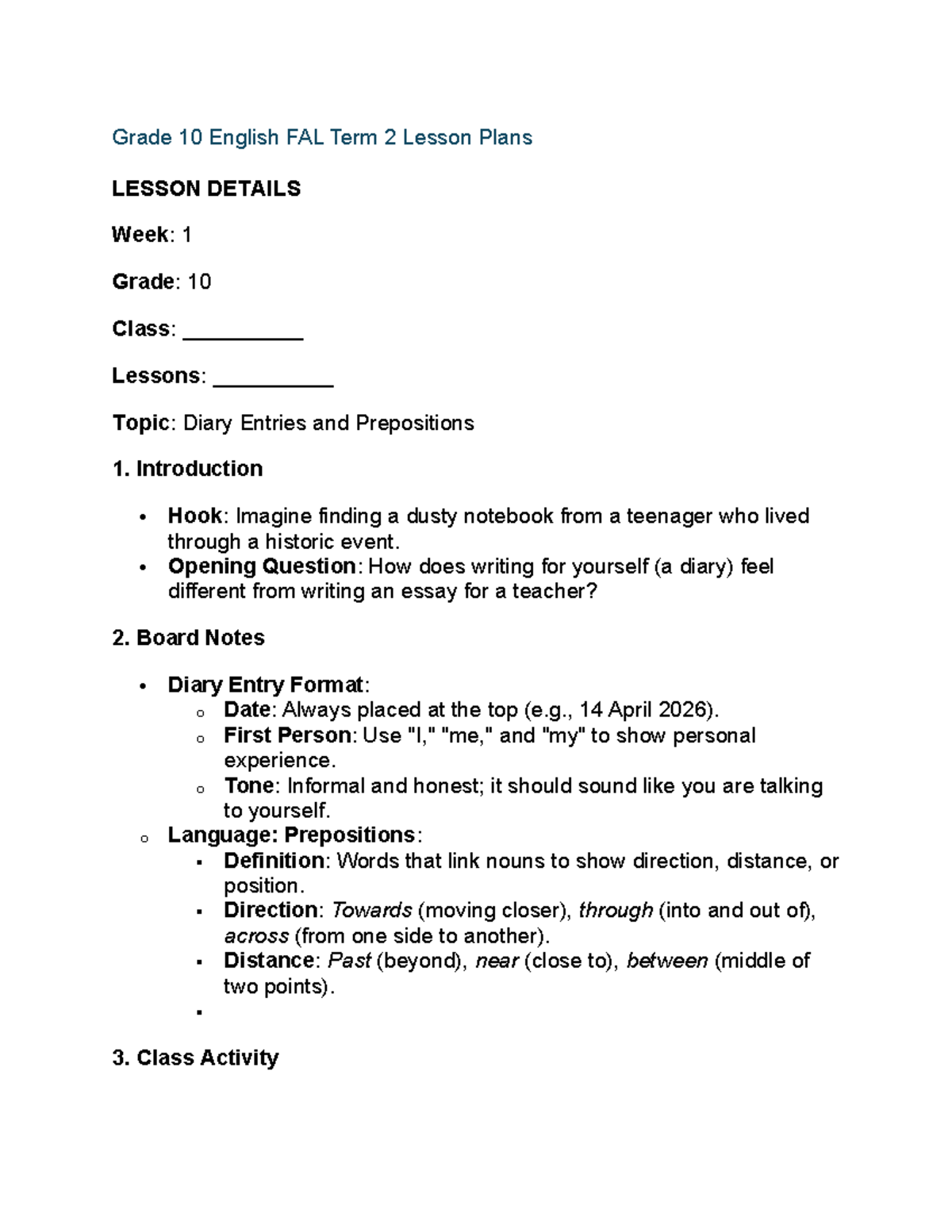 Grade 10 English FAL Term 2 Lesson Plans: Diary Entries, Essays & More ...