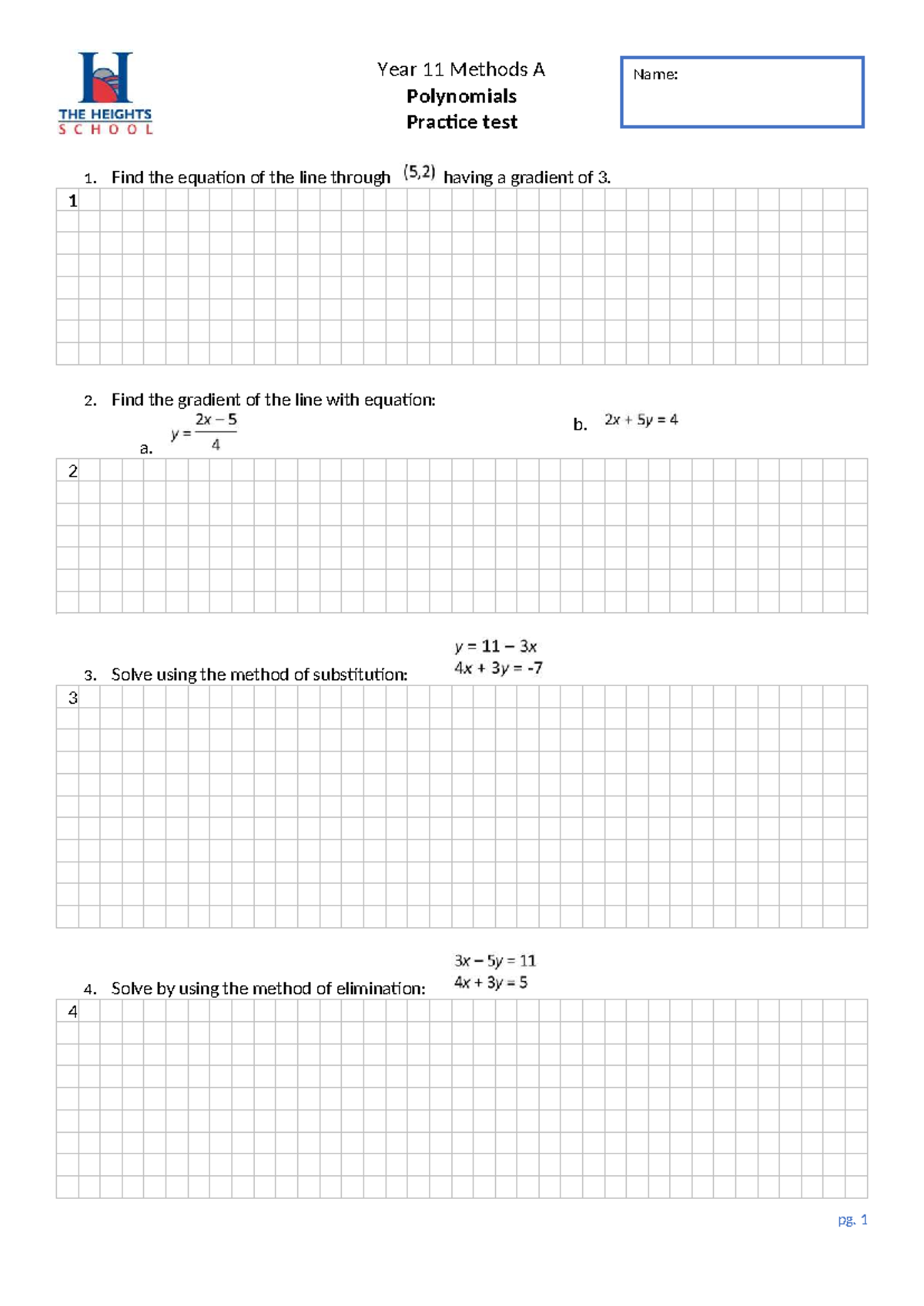 Year 11 Methods A: SAT 1 Polynomials Practice Test - Studocu