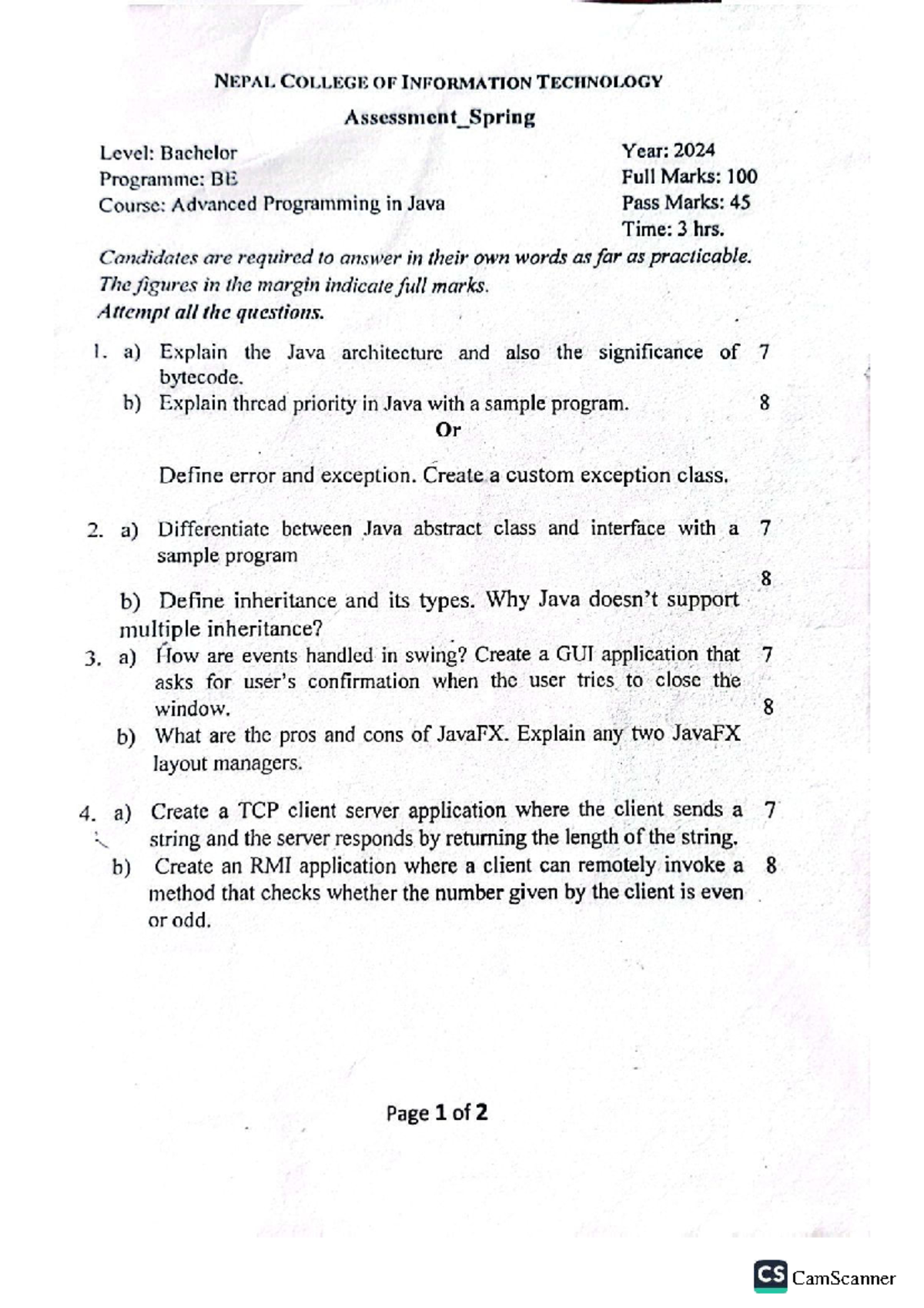 NCIT BE 2024 Advanced Programming in Java Past Year Questions - Studocu