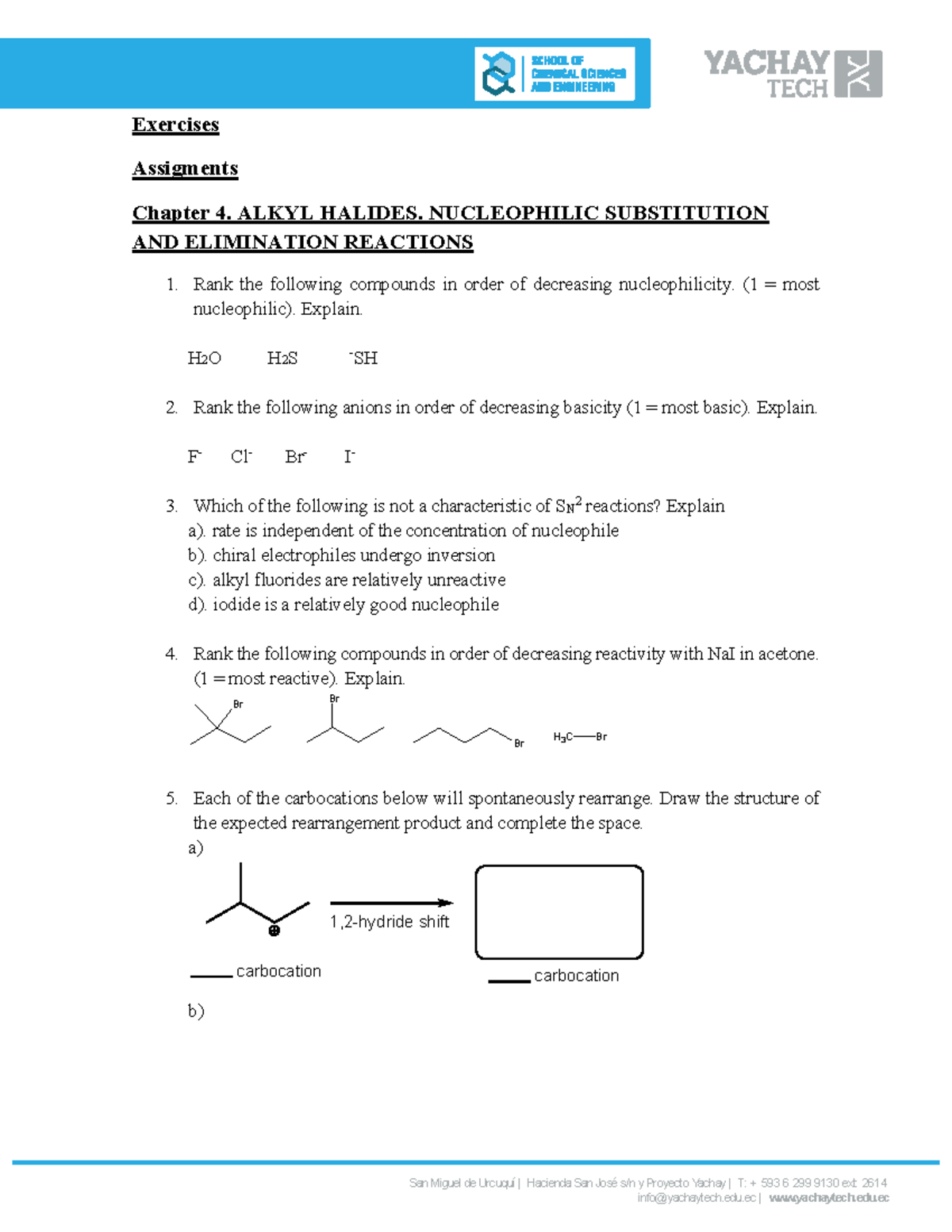 Exercises for Organic Chemistry (SEM 1 2026) - Chapter 4: Alkyl Halides ...