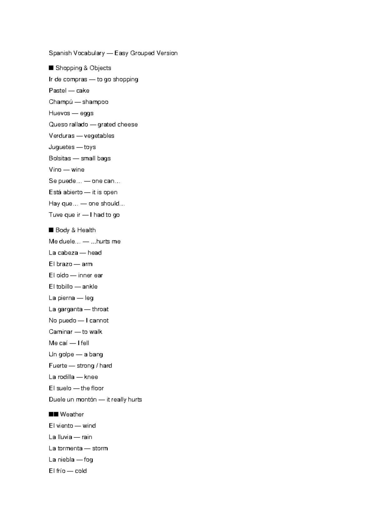 Spanish Vocab Grouped Easy: Shopping, Health, Weather & More - Studocu