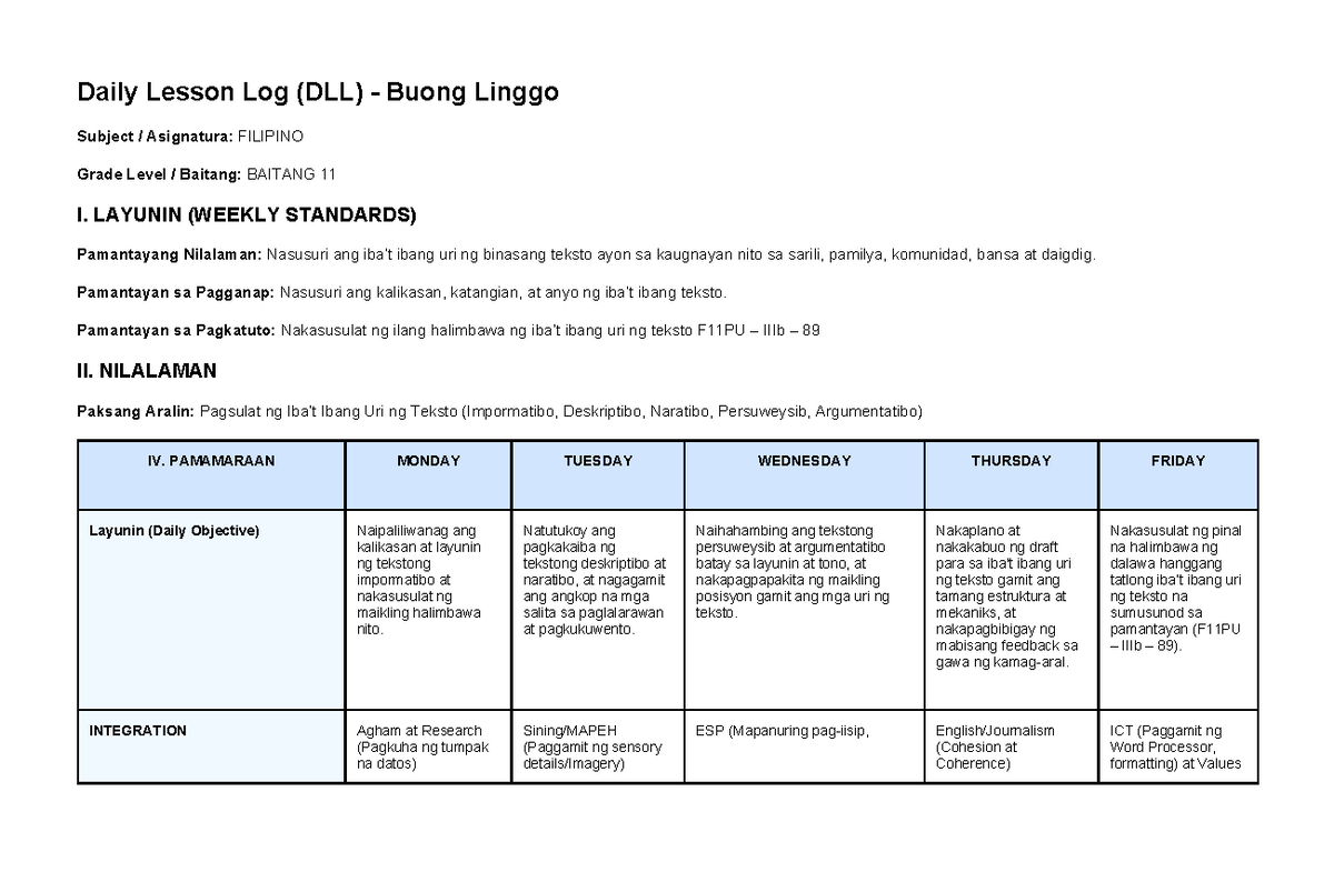 Daily Lesson Log (DLL) for Filipino Grade 11: Pagsulat ng Ibang Uri ng ...