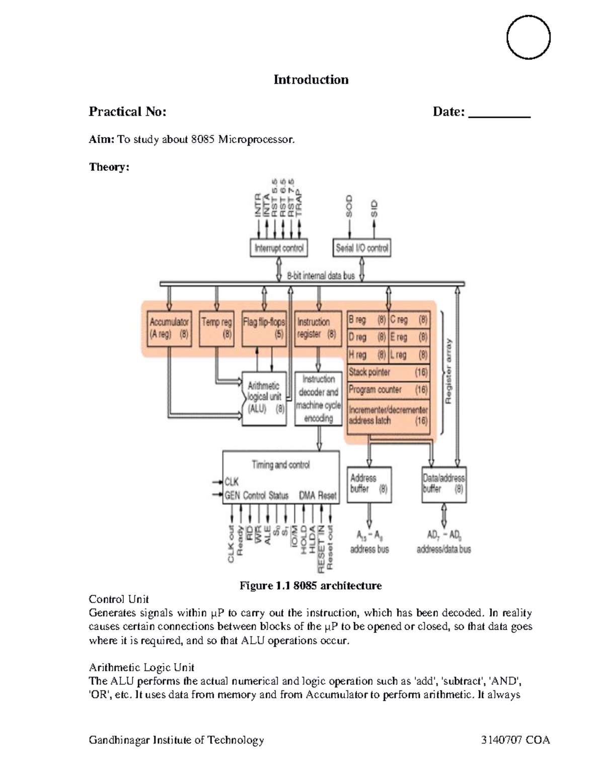 3140707 COA Lab Manual: 8085 Microprocessor Study Guide - Studocu