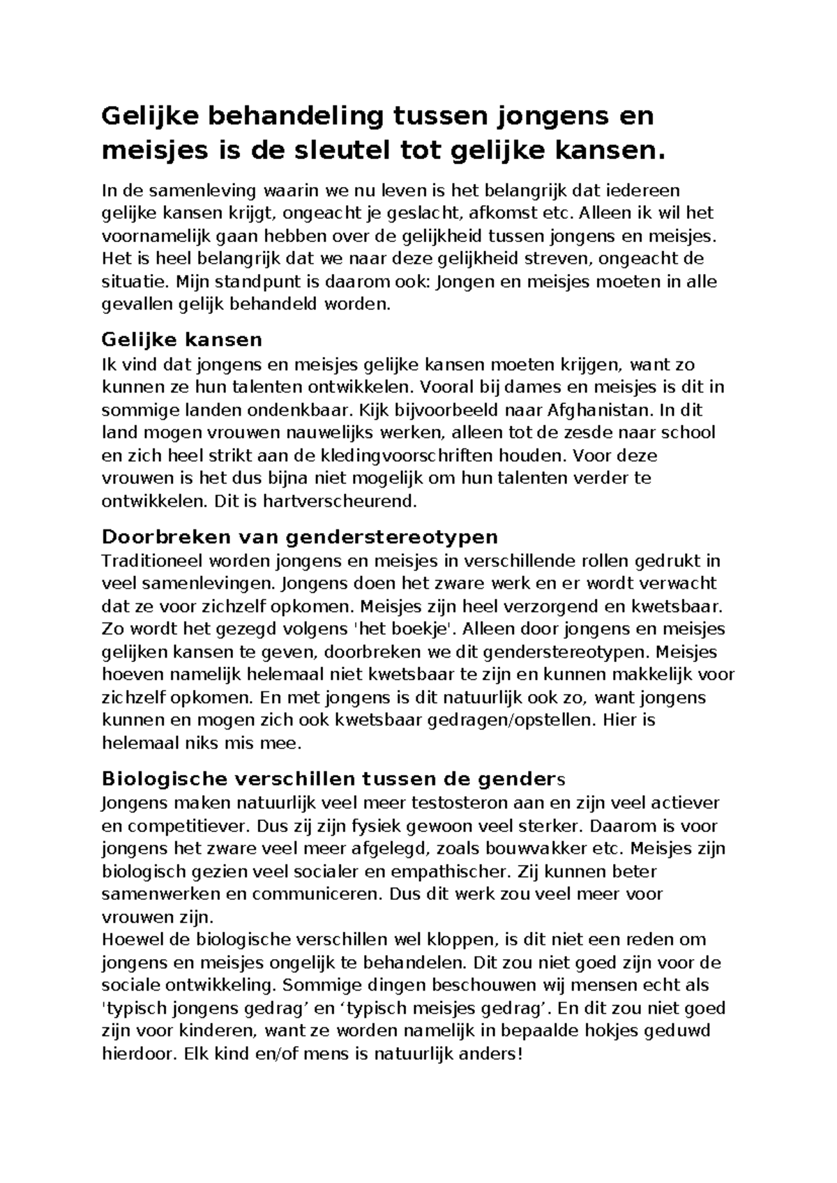 Gelijke Behandeling Tussen Jongens en Meisjes - Betoog Nederlands L4 ...