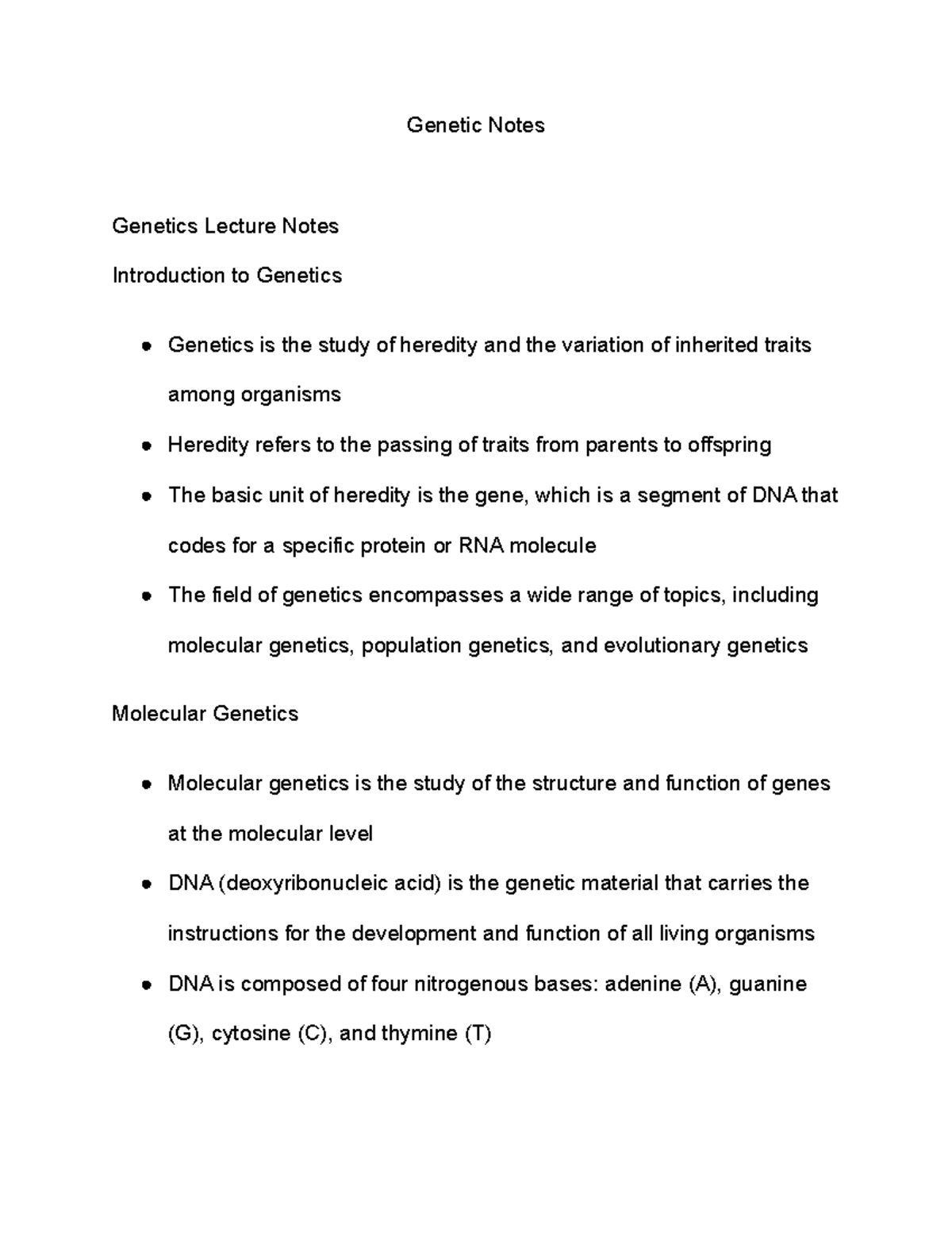 Genetics Lecture Notes: Key Concepts and Topics Explained - Studocu