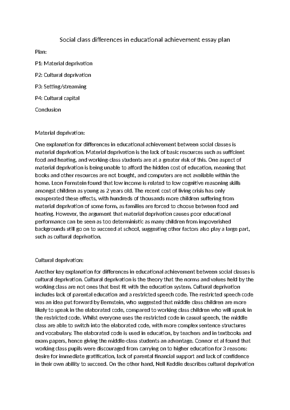 Social Class Differences in Educational Achievement: Essay Plan (EDU101 ...