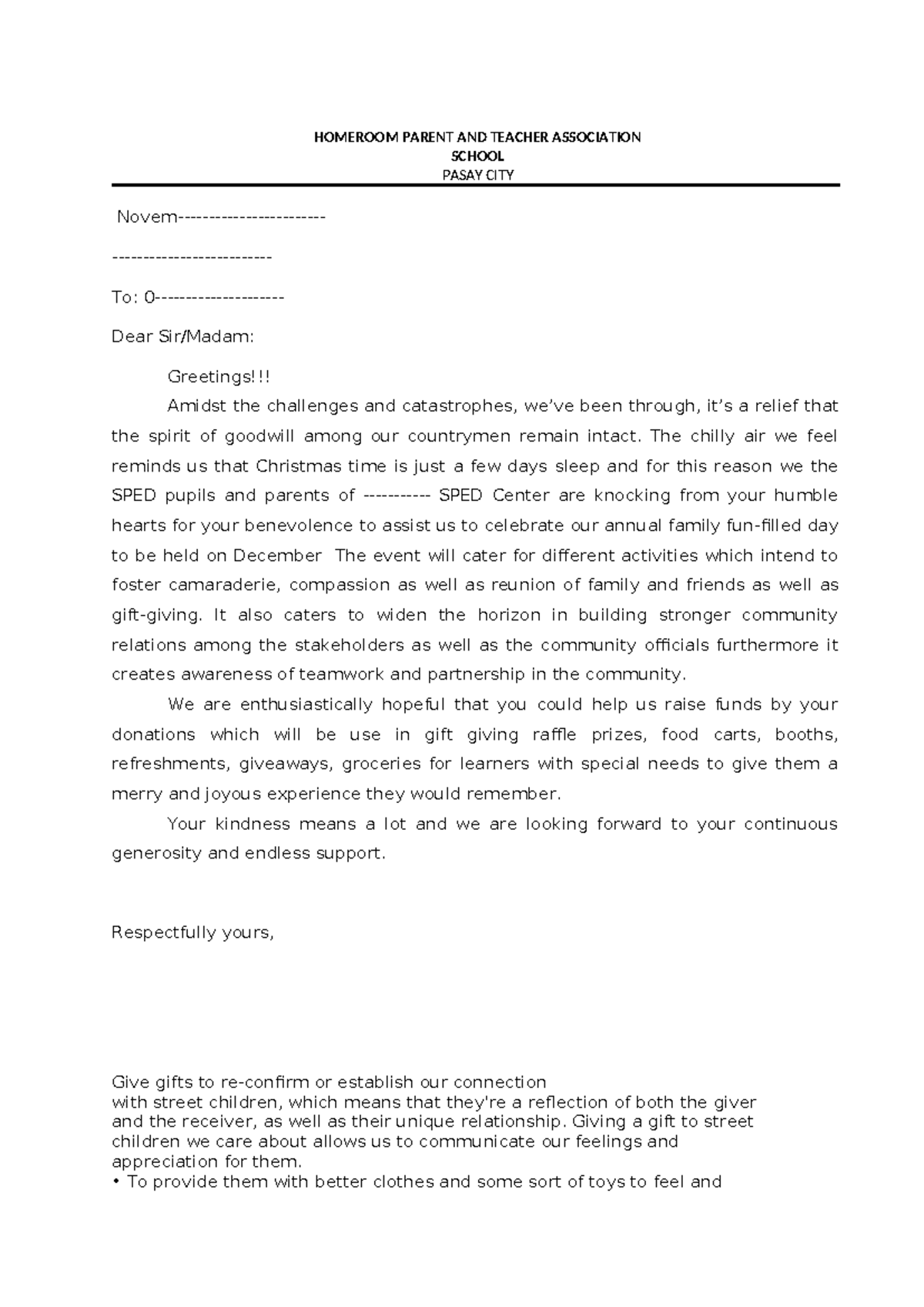 Solicitation-letter-Copy - SCHOOL PASAY CITY Novem- To: 0- Dear Sir ...