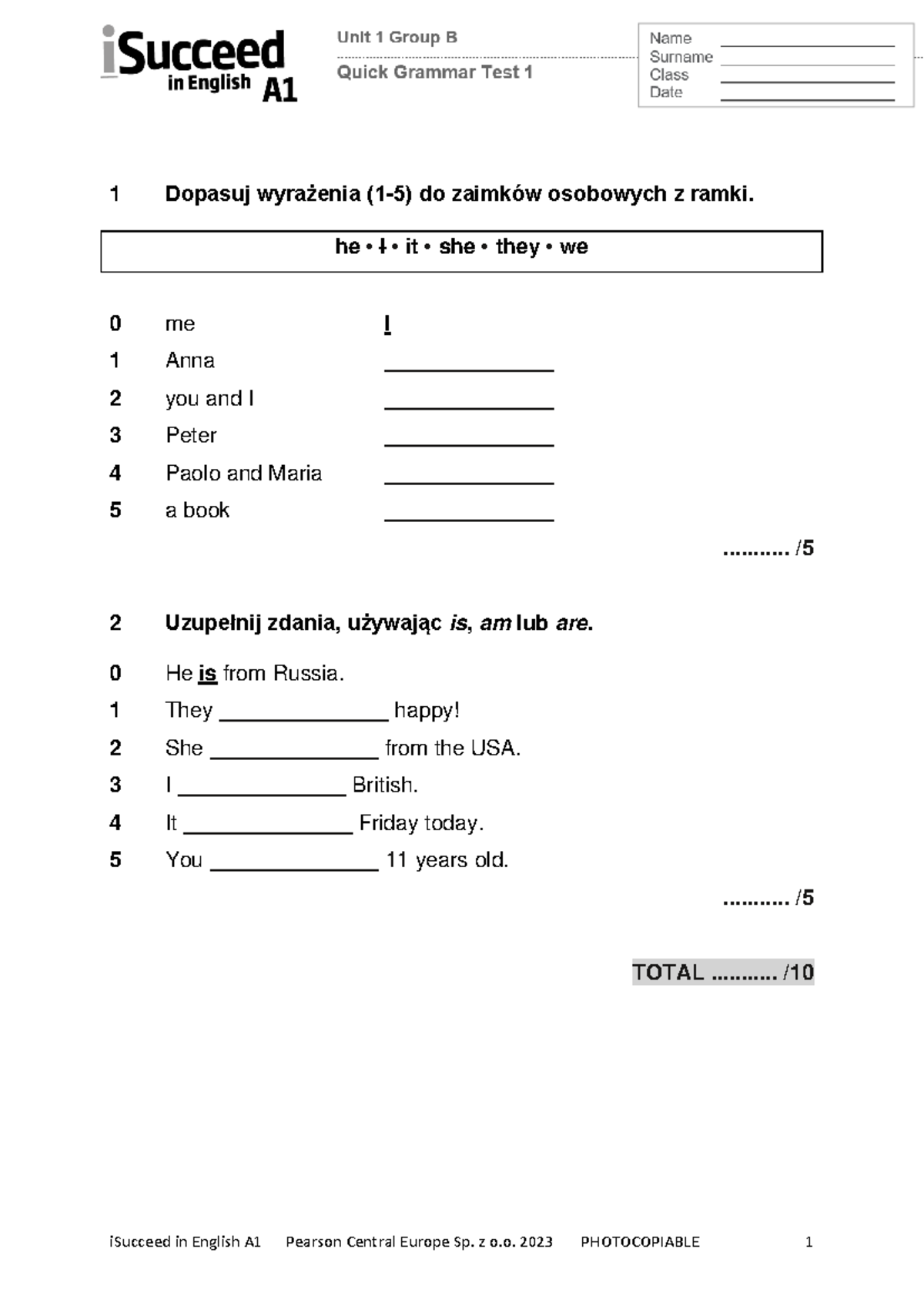 I Succeed A1 Unit 1 Quick Grammar Test 1 Group B Final - iSucceed in ...