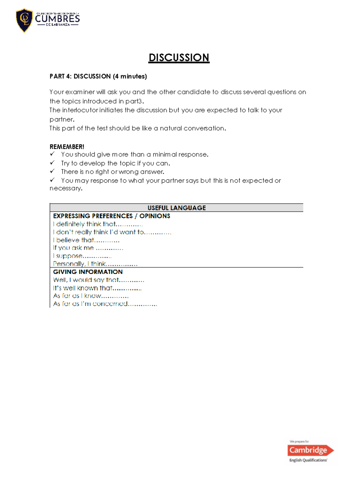 Discussion - speaking practice b1 pet cambridge part 3 - DISCUSSION ...