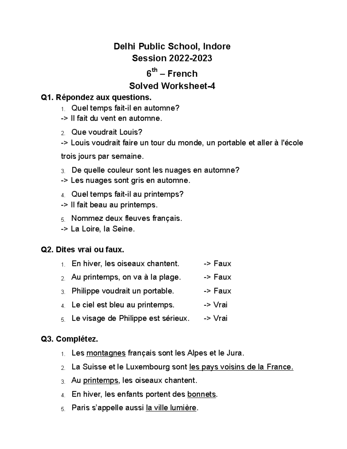 DPS Indore 6th Grade French Solved Worksheet 4 - Studocu