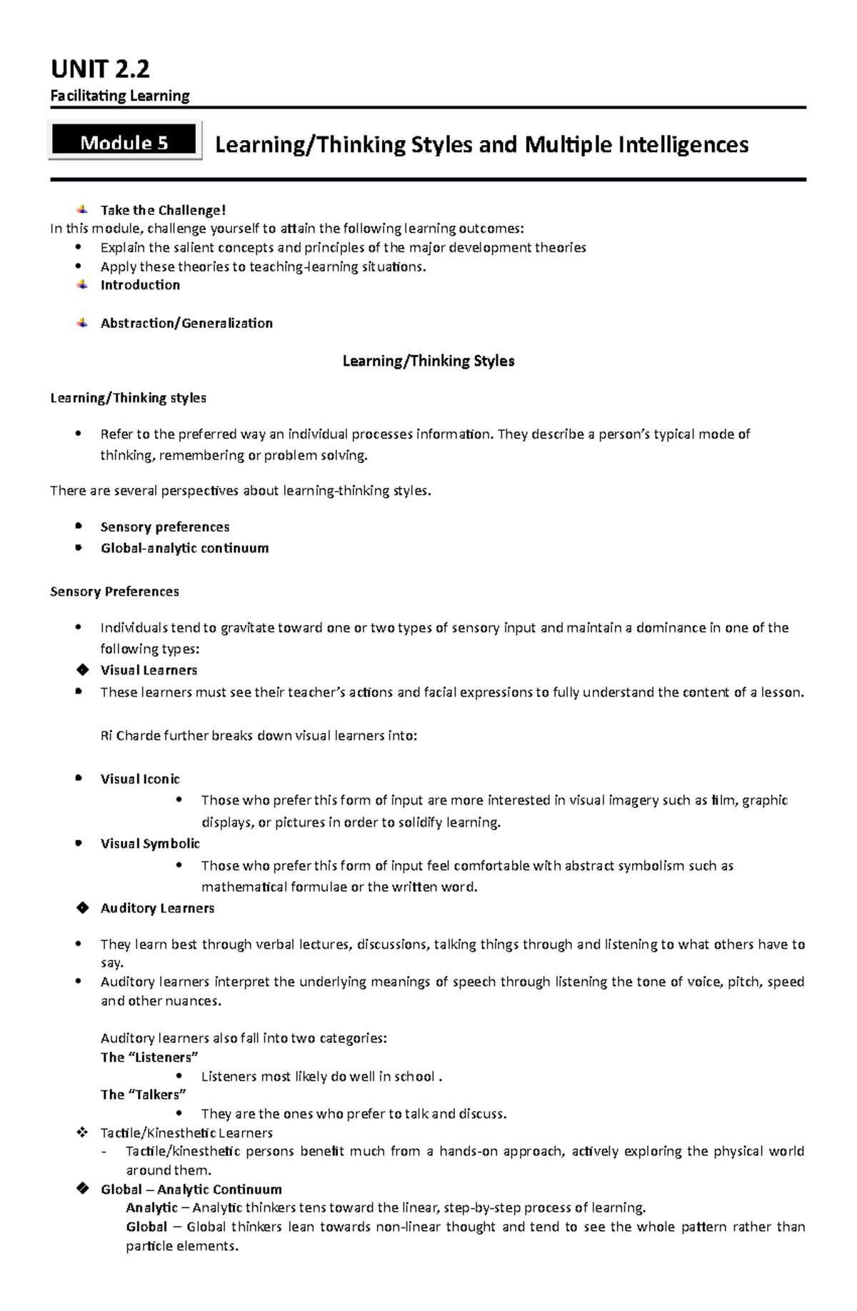 EL115 Module 5 Learning Styles & Multiple Intelligences Overview - Studocu