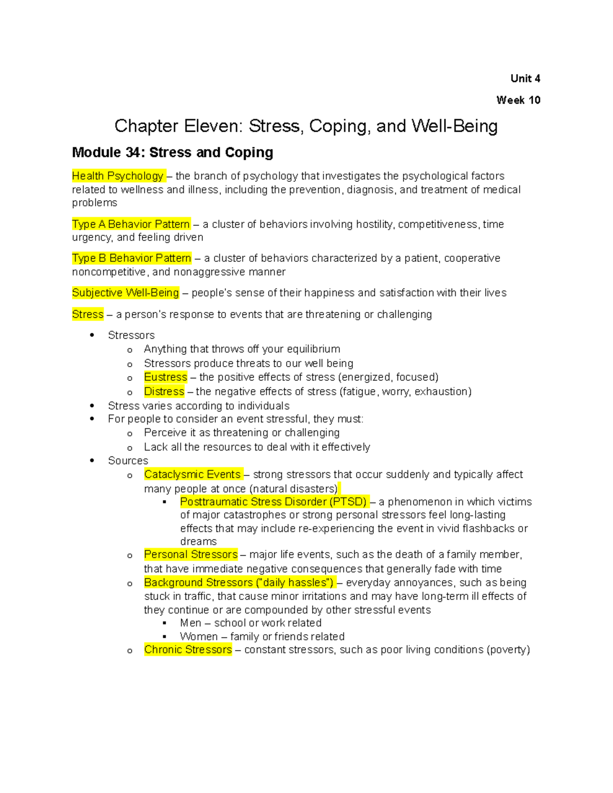 Chapter 11 Study Notes - Stress, Coping, and Well-Being Insights - Studocu