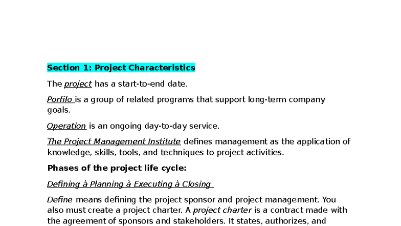 Study Guide for PM: Project Characteristics & Management Techniques ...