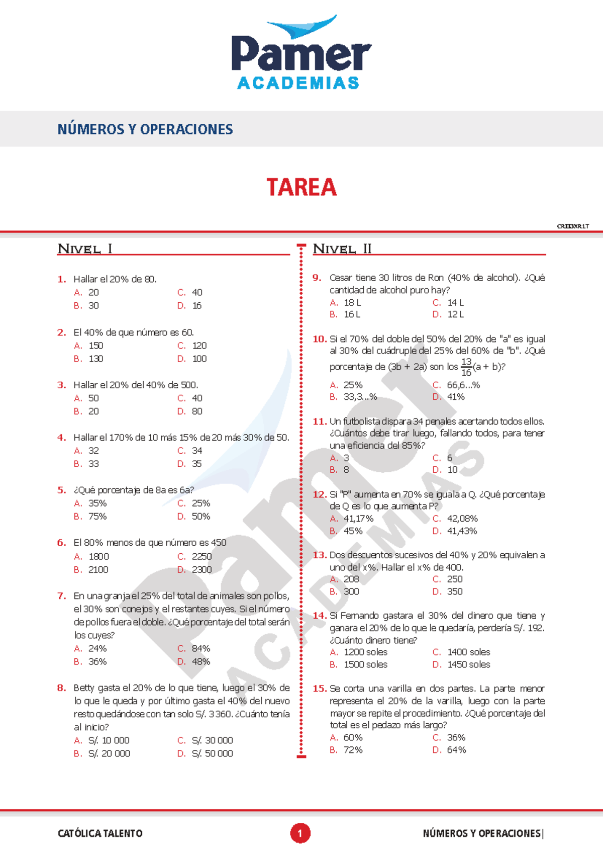 Tarea 8: Números y Operaciones CRII3XR1T Nivel I y II - Studocu