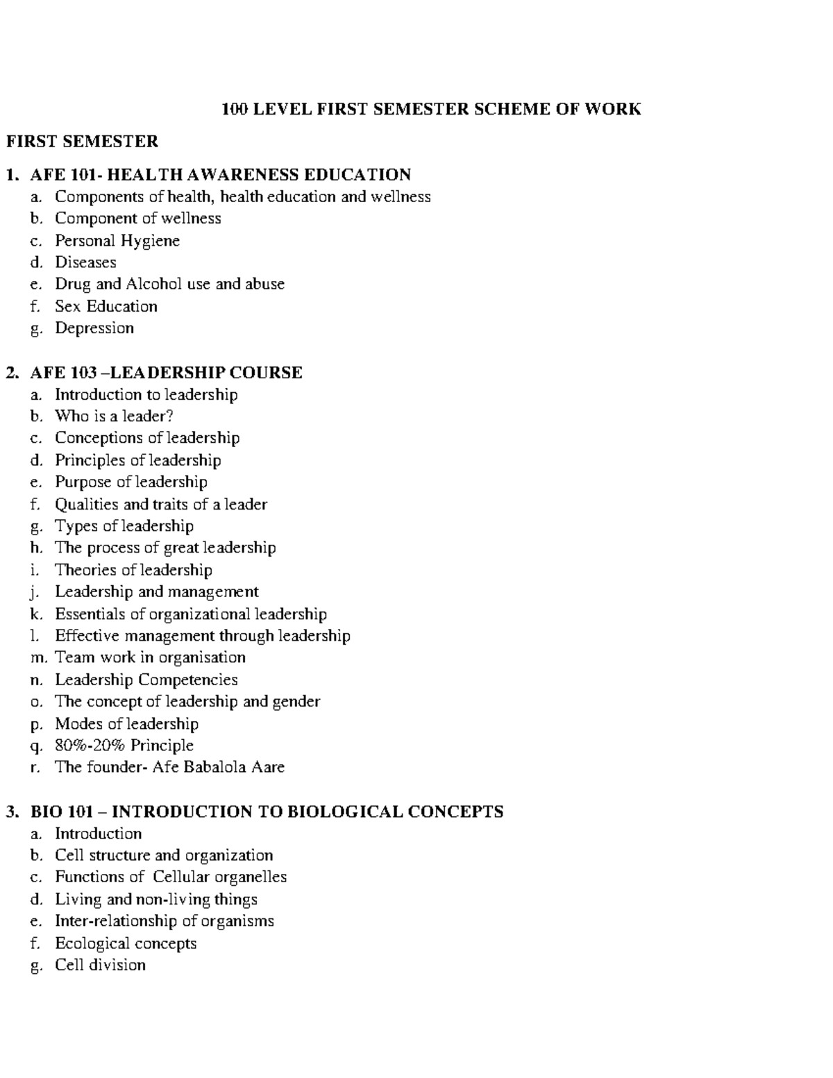 100 Level First Semester Course Scheme AFE, BIO, CHM, GST, MAT, PHY ...