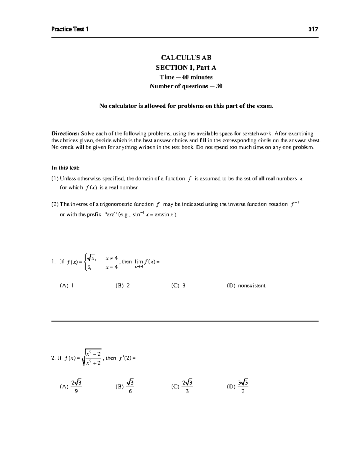 Practice Test 1 for 317 CALCULUS AB - Section I & II - Studocu