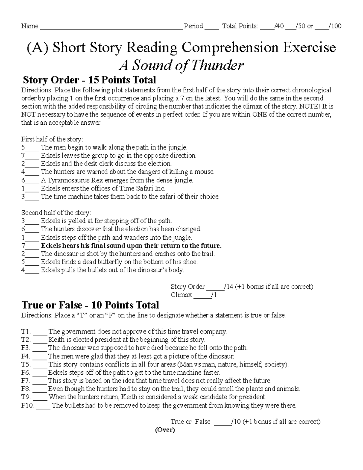 A Sound of Thunder - Short Story Reading Comprehension Exercise - Name ...