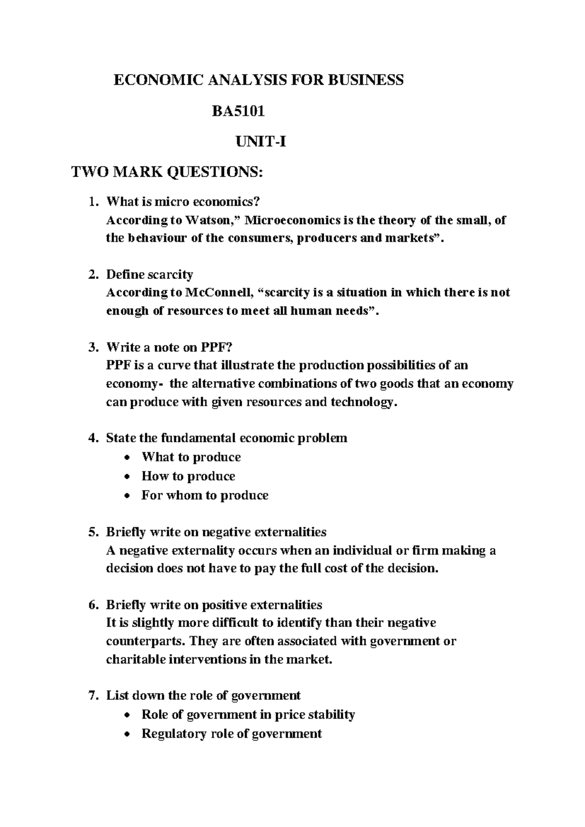 Economics BA - Unit-I to Unit-V Questions & Answers Guide - Studocu