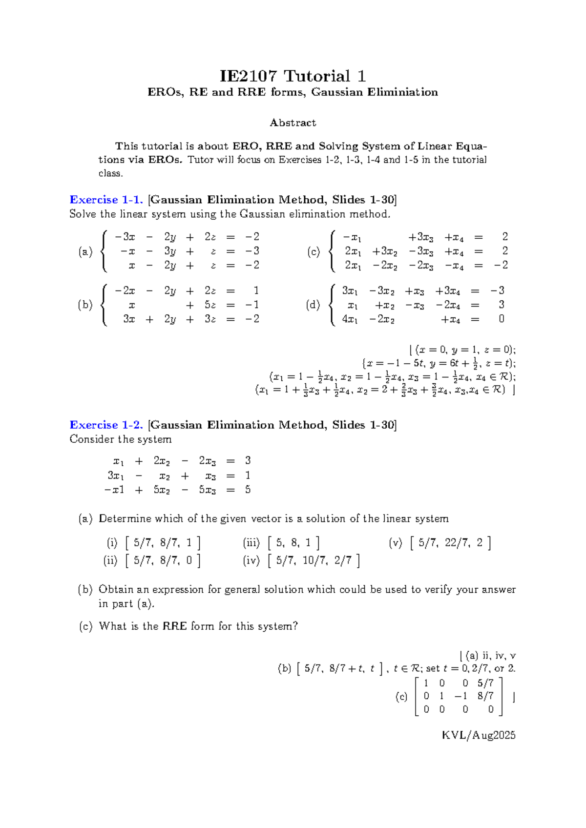 IE2107 Tutorial 1: EROs, RRE Forms & Gaussian Elimination Exercises - Studocu