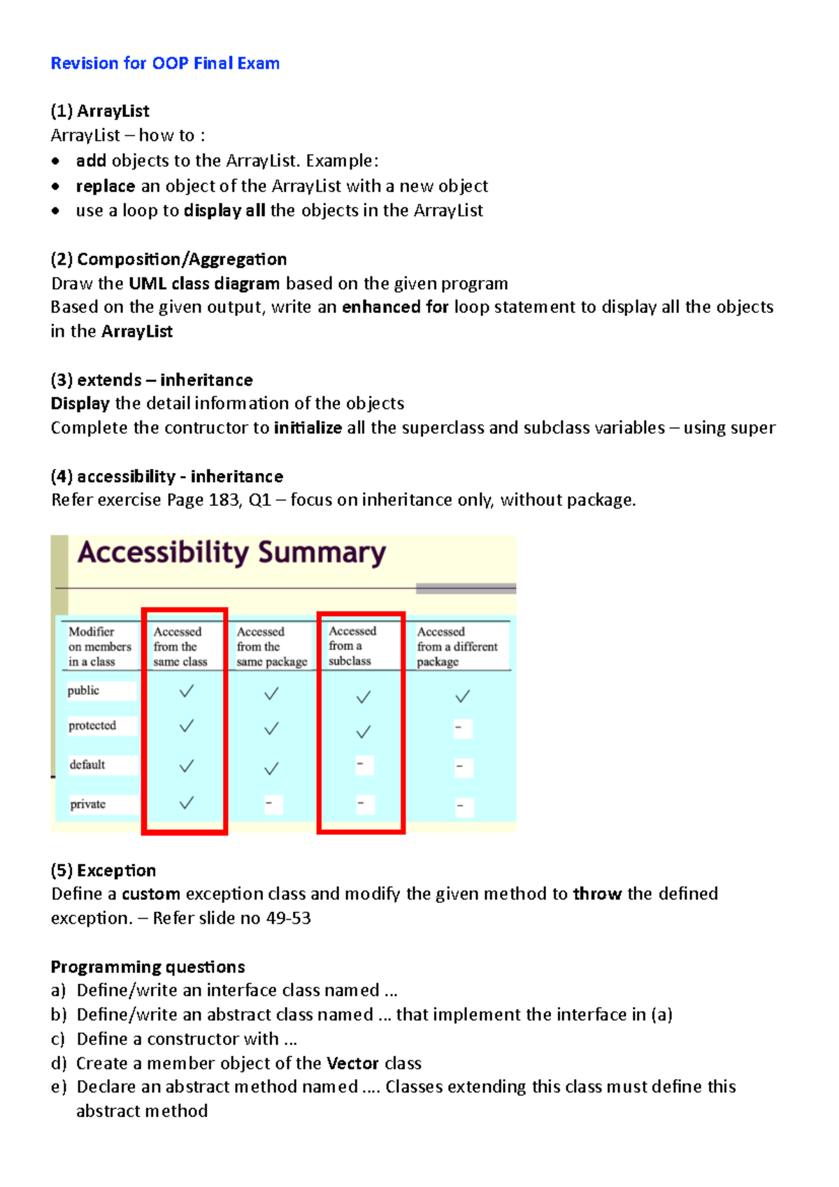 OOP Revision for Final Exam: ArrayList & Inheritance Concepts - Studocu