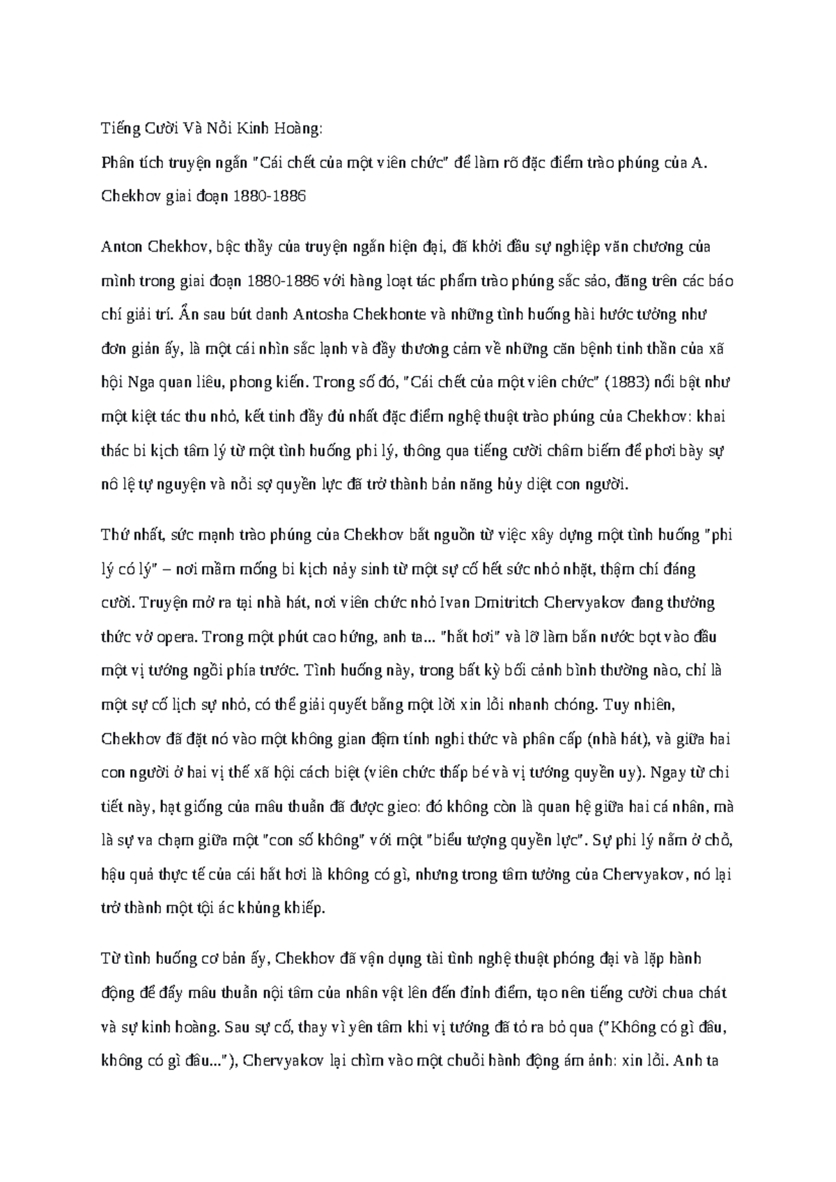 Phân Tích Truyện Ngắn "Cái Chết Của Một Viên Chức" - A. Chekhov - Studocu