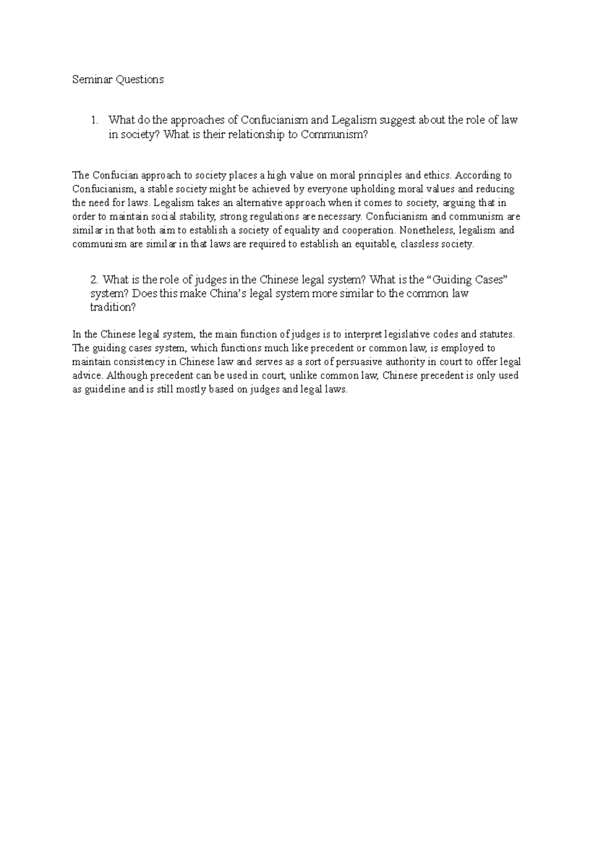 Seminar Questions: Confucianism, Legalism & Chinese Law (Week4 Global ...