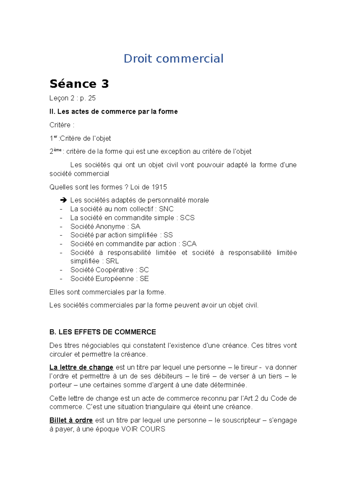 Droit commercial - Séance 3 : Actes de Commerce par la Forme et ...