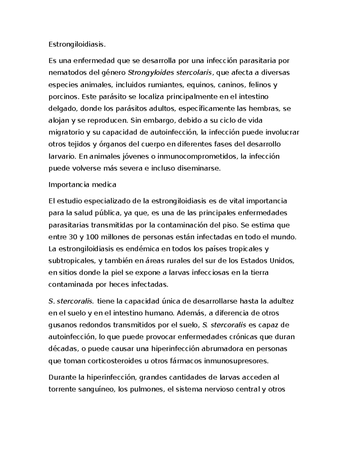 Estrongiloidiasis: Descripción y Ciclo de Vida del Parásito - Studocu