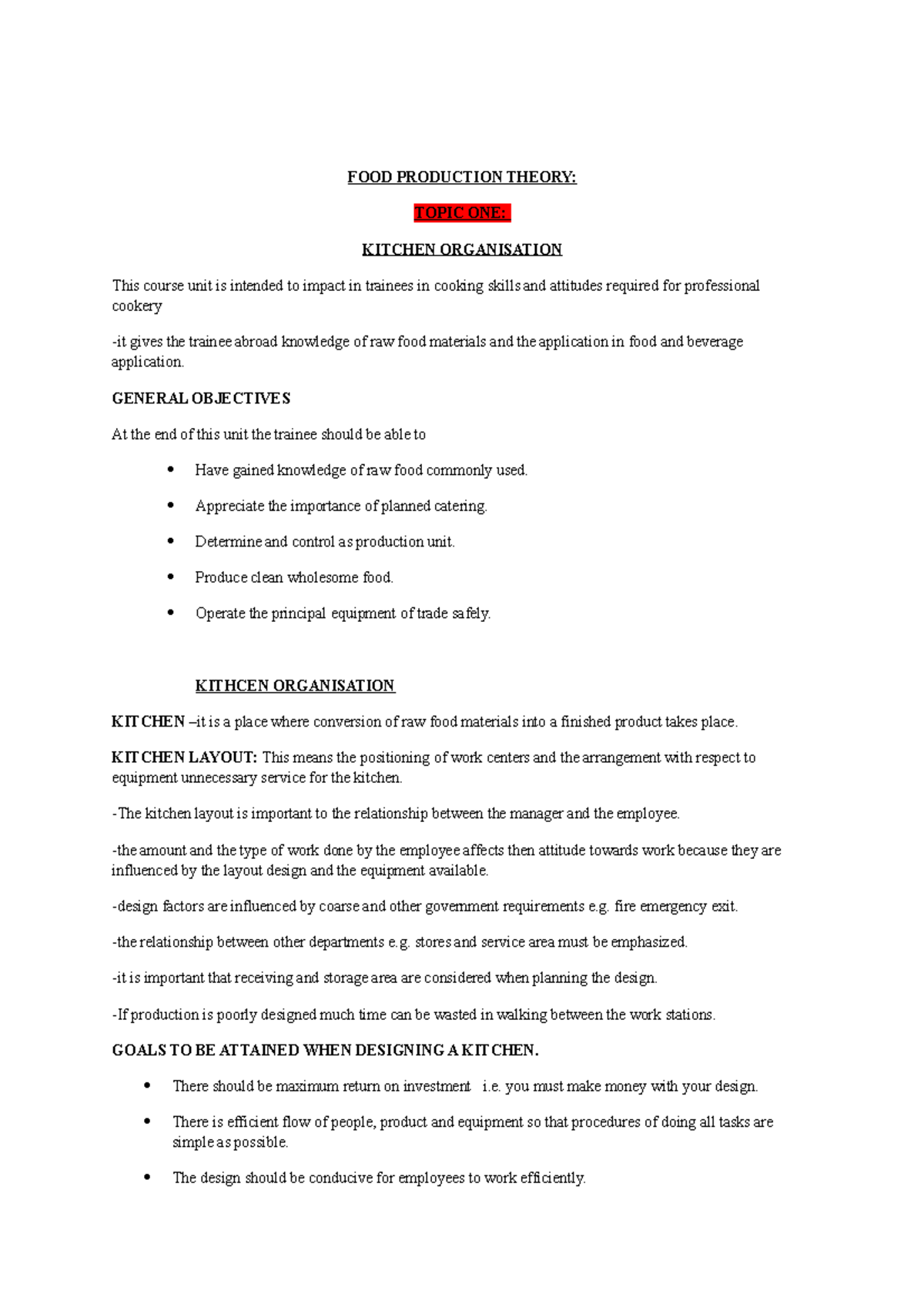 FOOD Production Theory: Kitchen Organisation & Hygiene Essentials - Studocu