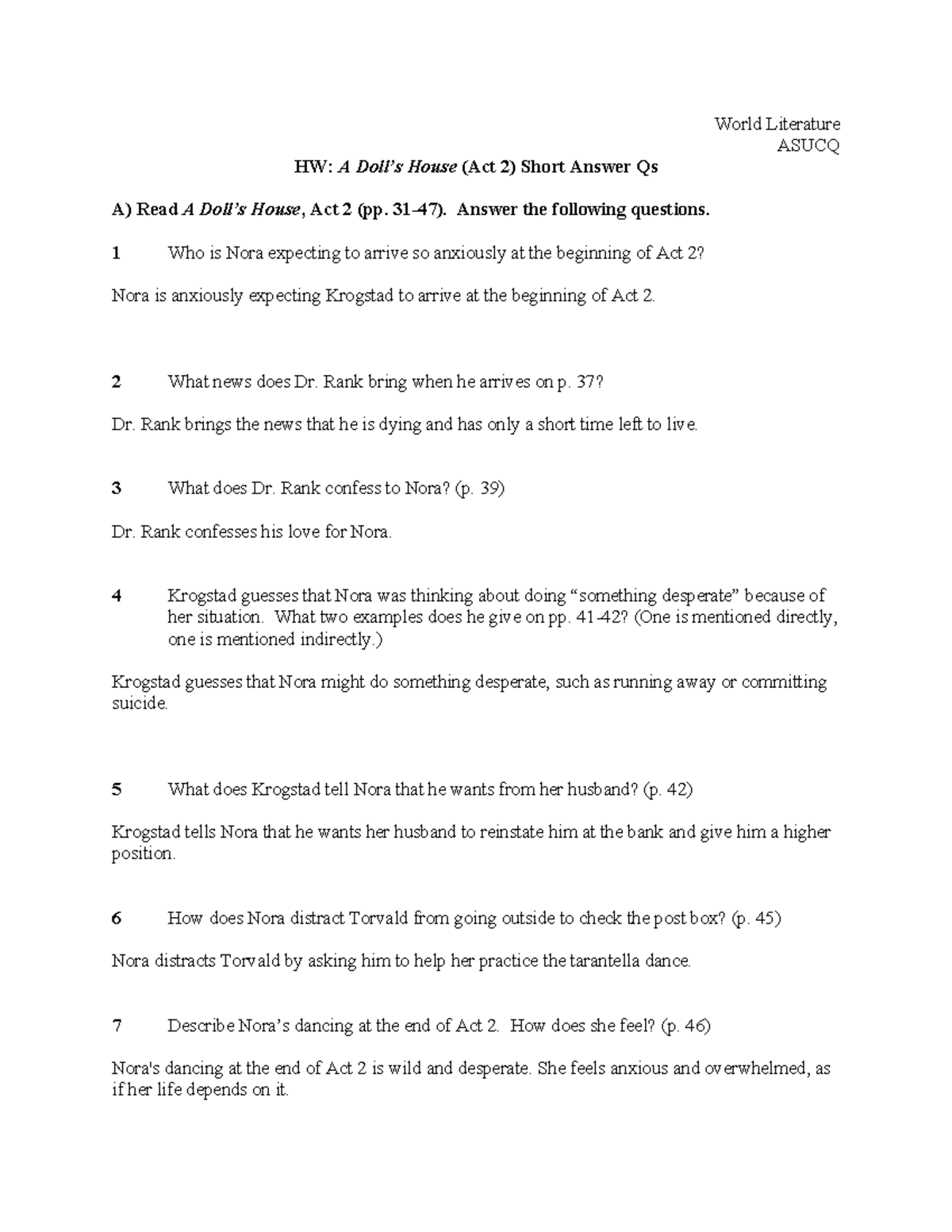 ASUCQ HW: A Doll's House Act 2 Short Answer Questions - Studocu