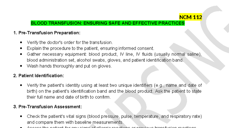 NCM 112 Blood Transfusion: Safe Practices & Checklist Guide - Studocu
