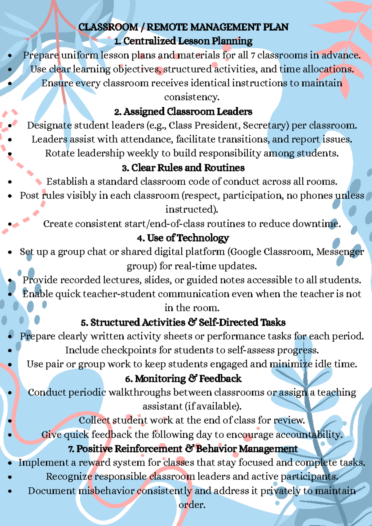 CLASSROOM MANAGEMENT PLAN: Strategies for Effective Remote Learning ...