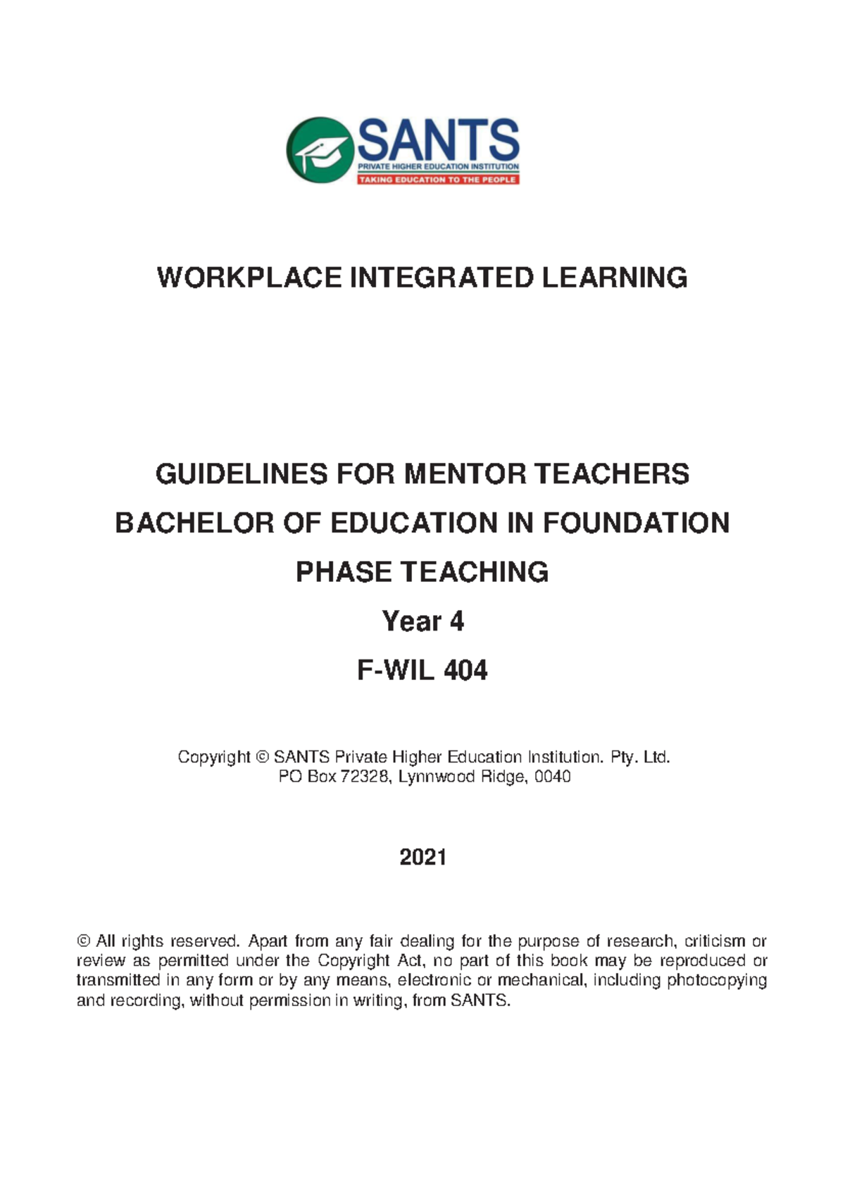 BEd Phase Teaching F-WIL 404: Mentor Teacher Guidelines for WIL - Studocu
