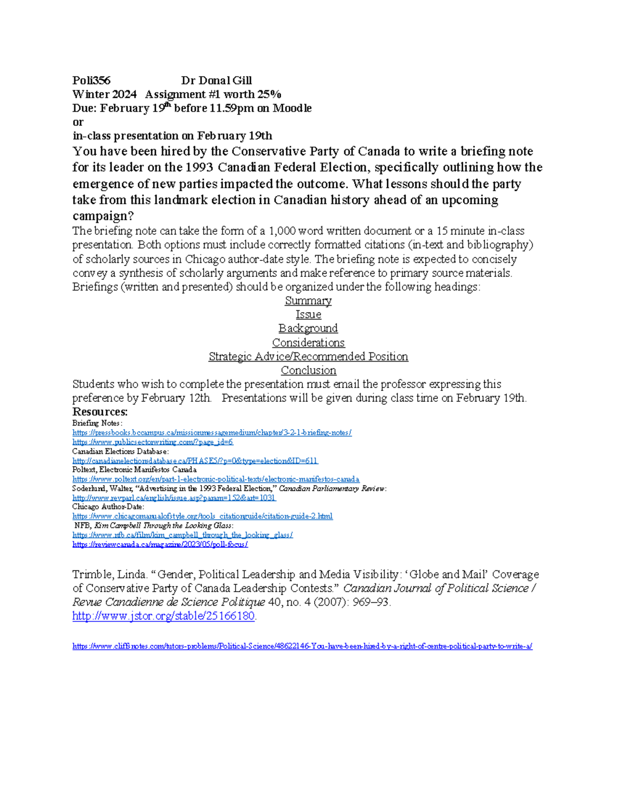 Poli356 Assignment #1: Briefing Note on 1993 Canadian Election - Studocu