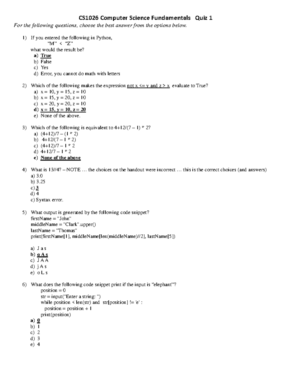 CS1026 Computer Science Fundamentals Quiz 1 Solutions Fall 2018 - Studocu