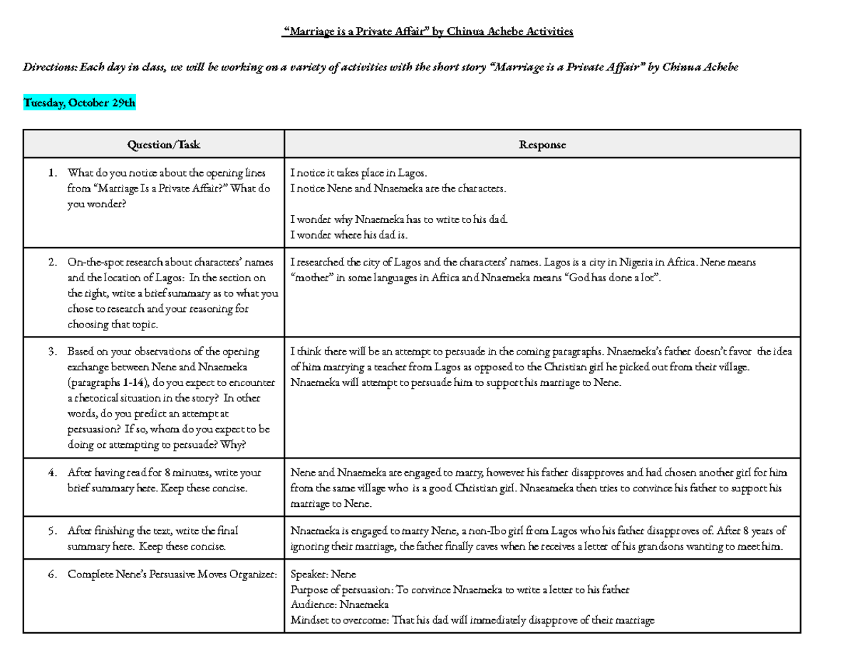“Analyzing 'Marriage is a Private Affair' - Class Activities ...