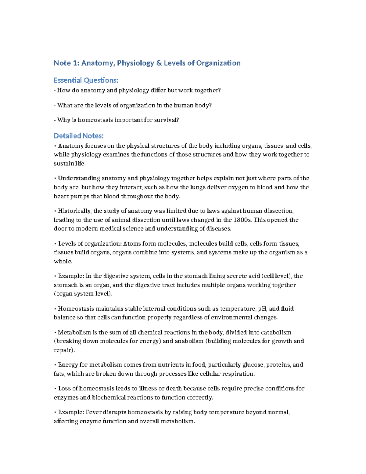 Expanded Anatomy & Physiology Notes: Levels of Organization ...