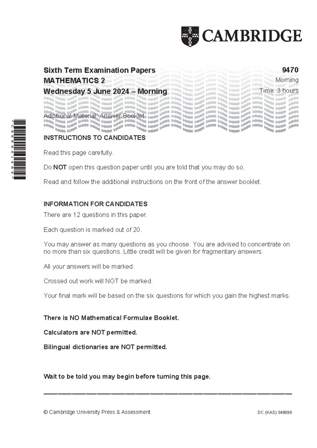 STEP 2 2024 Mathematics Examination Paper - June 5, 2024 - Studocu