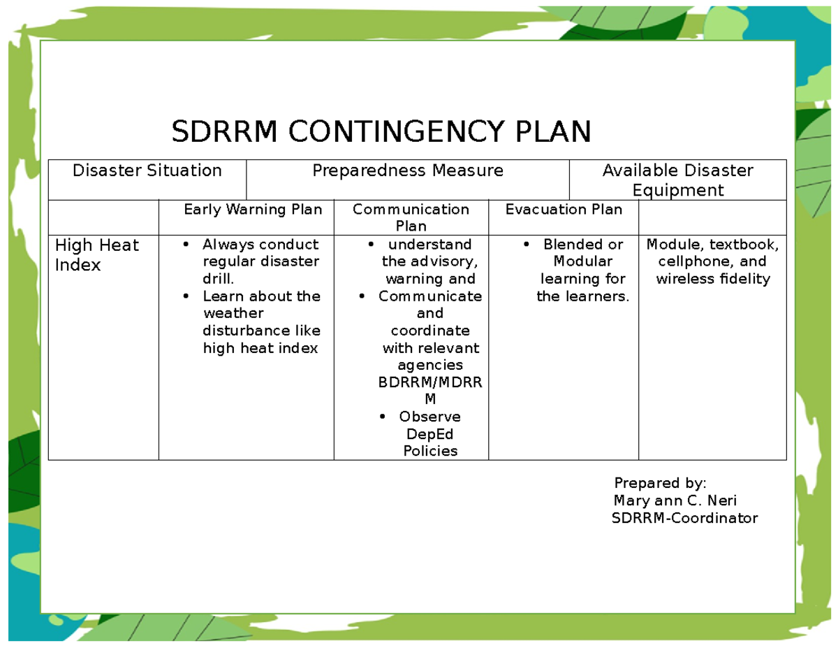 SDRRM Contingency Plan for Disaster Preparedness & Response - Studocu
