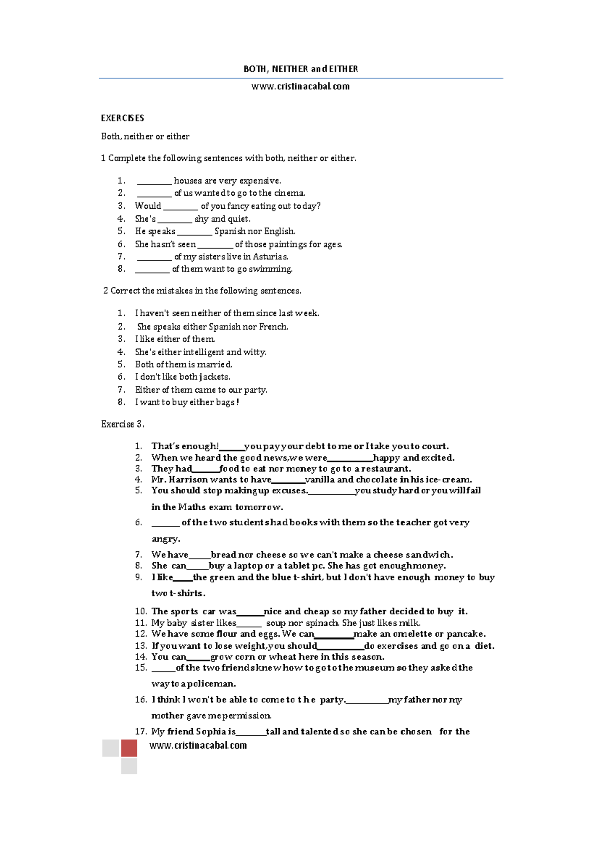 BOTH, NEITHER, and EITHER Exercises for English Grammar - Studocu