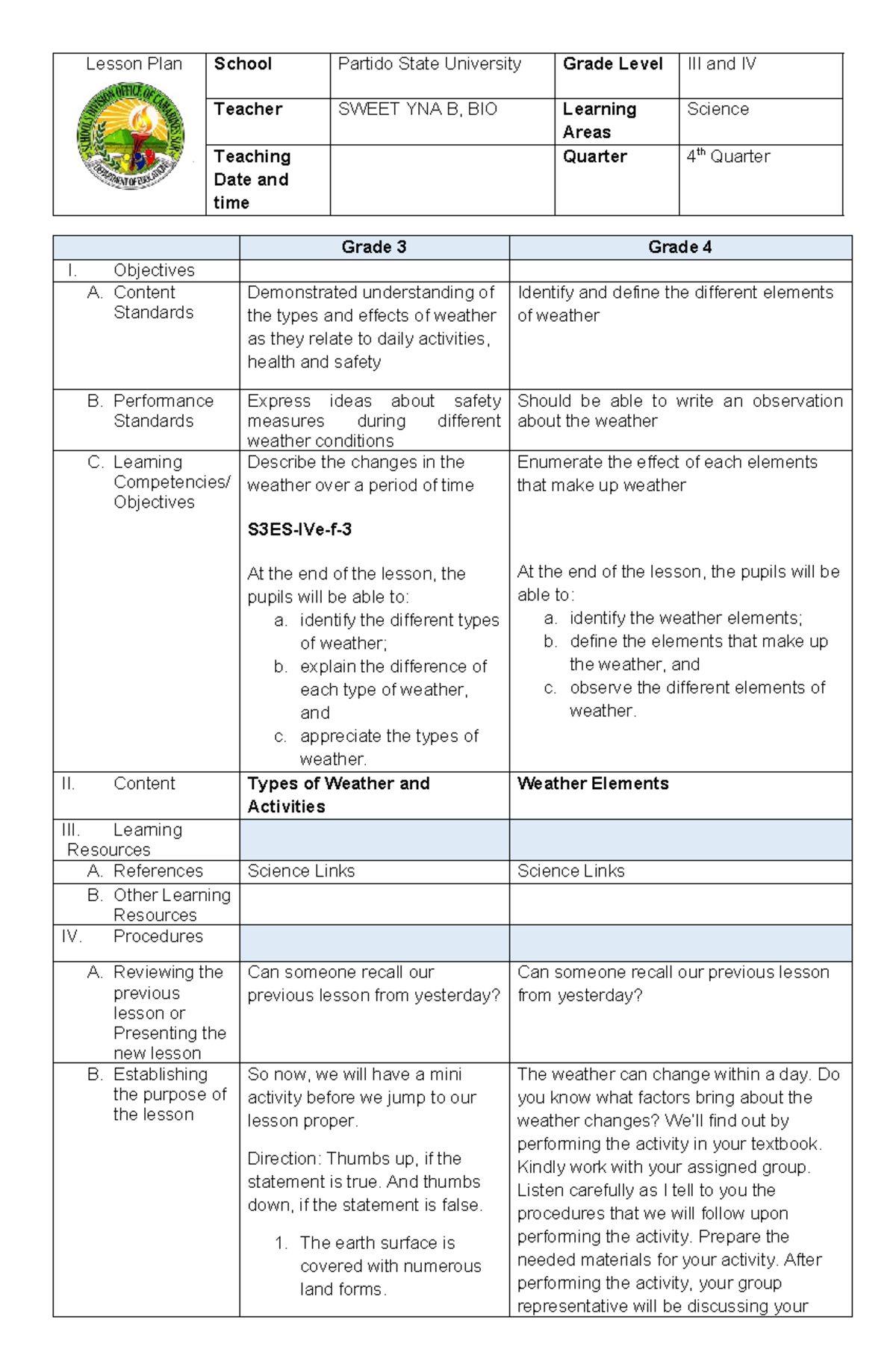 Multigrade lesson plan - Lesson Plan School Partido State University ...