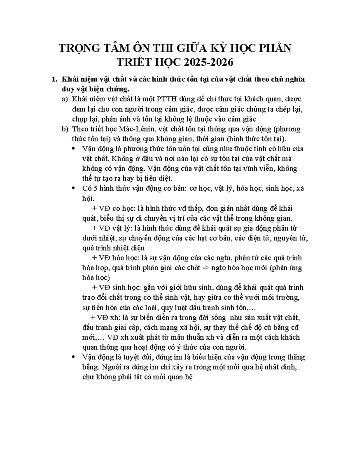 ÔN THI GIỮA KỲ HỌC PHẦN TRIẾT HỌC 1: Khái Niệm Vật Chất và Ý Thức - Studocu
