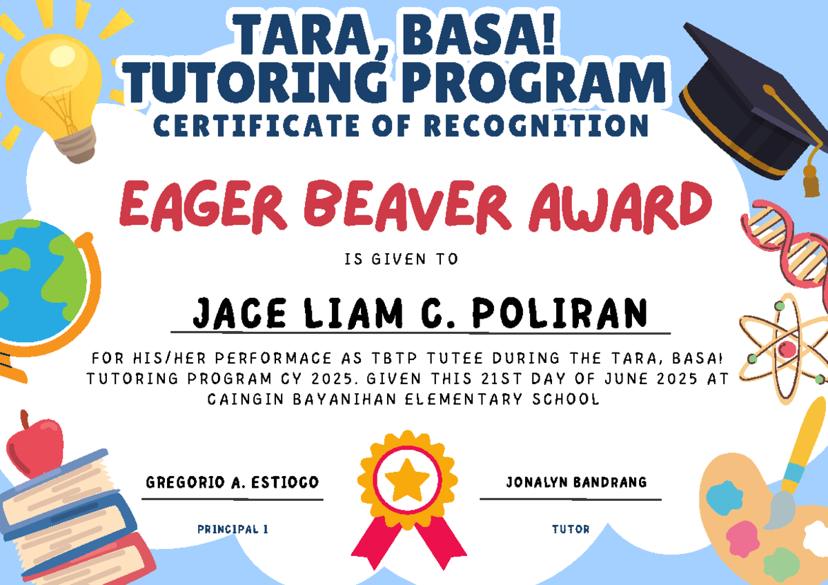 TARA, BASA! Tutoring Program Awards Certificate for Tutees 2025 - Studocu