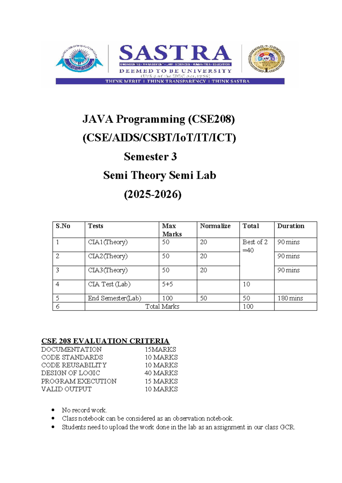 JAVA Programming Lab Manual (CSE208) - Semester 3 Evaluation Guide - Studocu