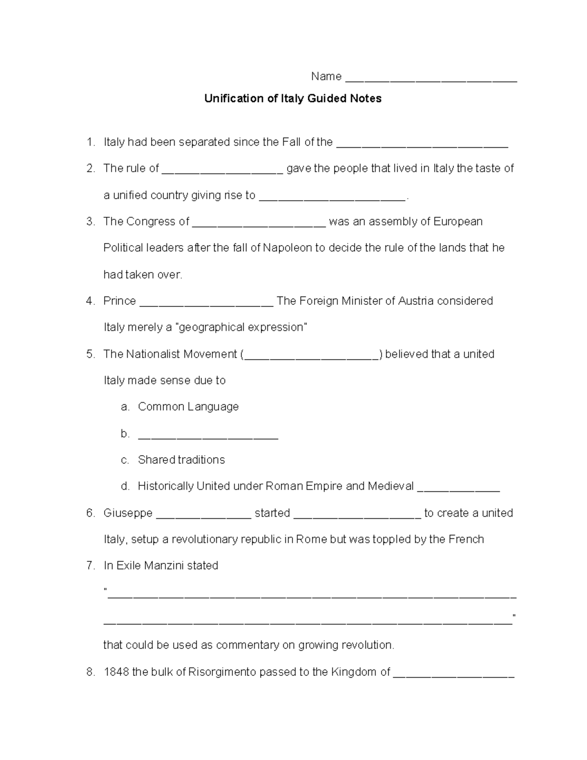 Unification of Italy Guided Notes - HIST 101 - Studocu