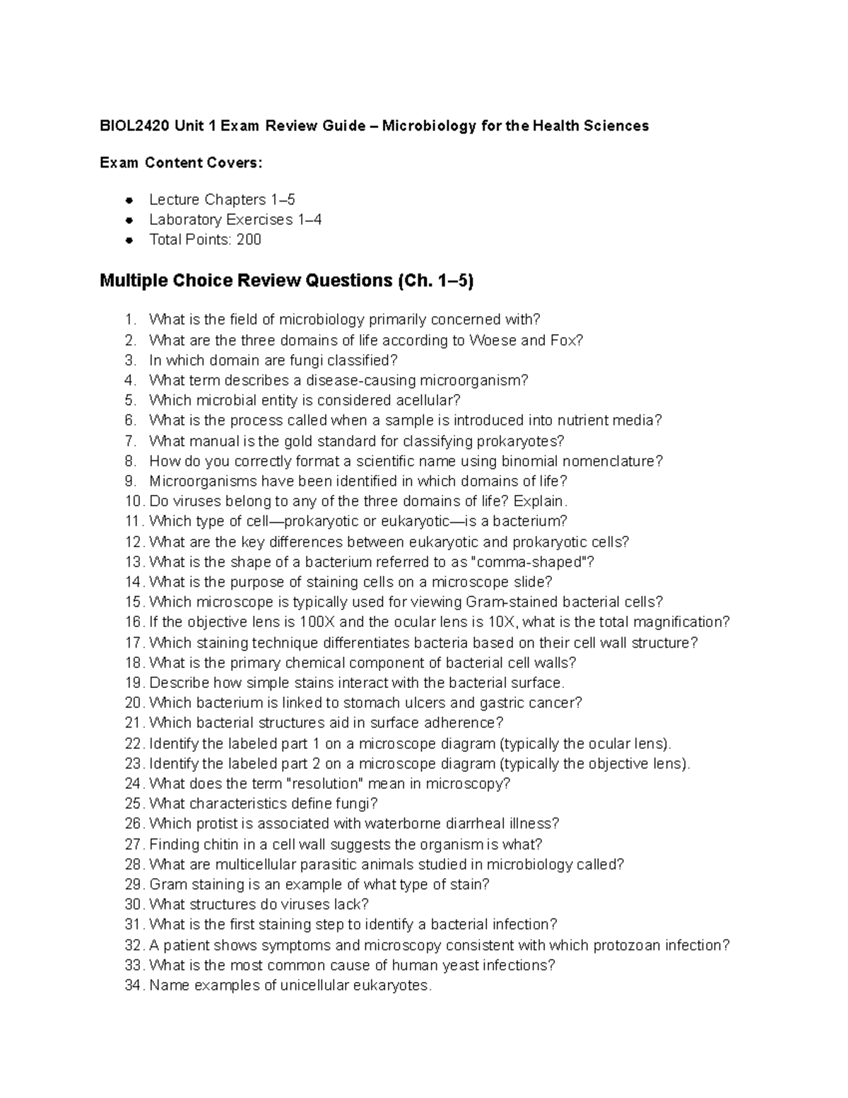 BIOL2420 Unit 1 Exam Review Guide: Microbiology Essentials - Studocu