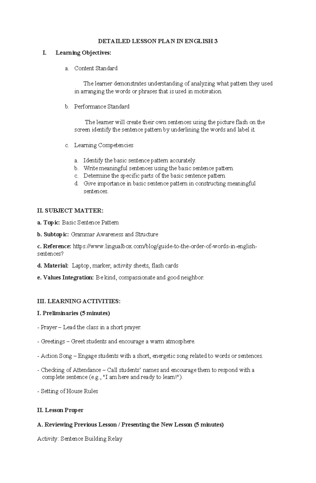 Detailed Lesson Plan: Basic Sentence Pattern (English 3 DLP) - Studocu