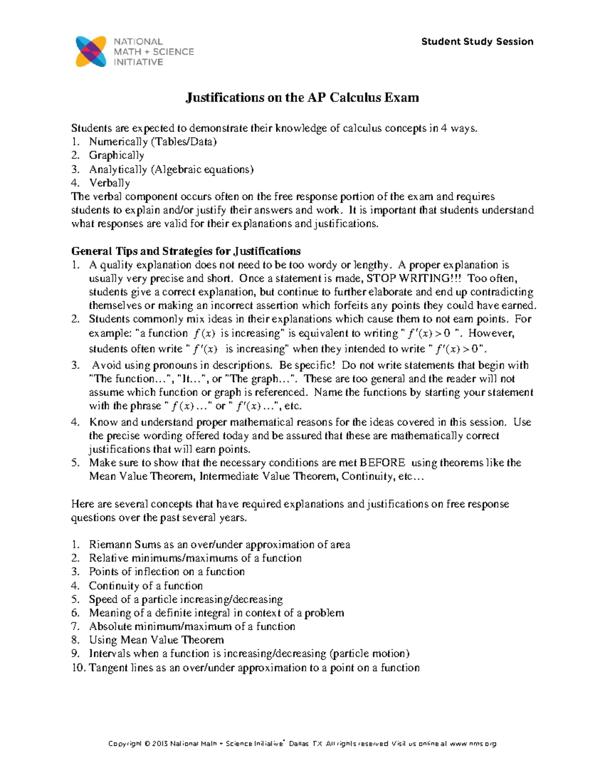 Justifications AP Calculus Exam Handout - Student Study Session ...